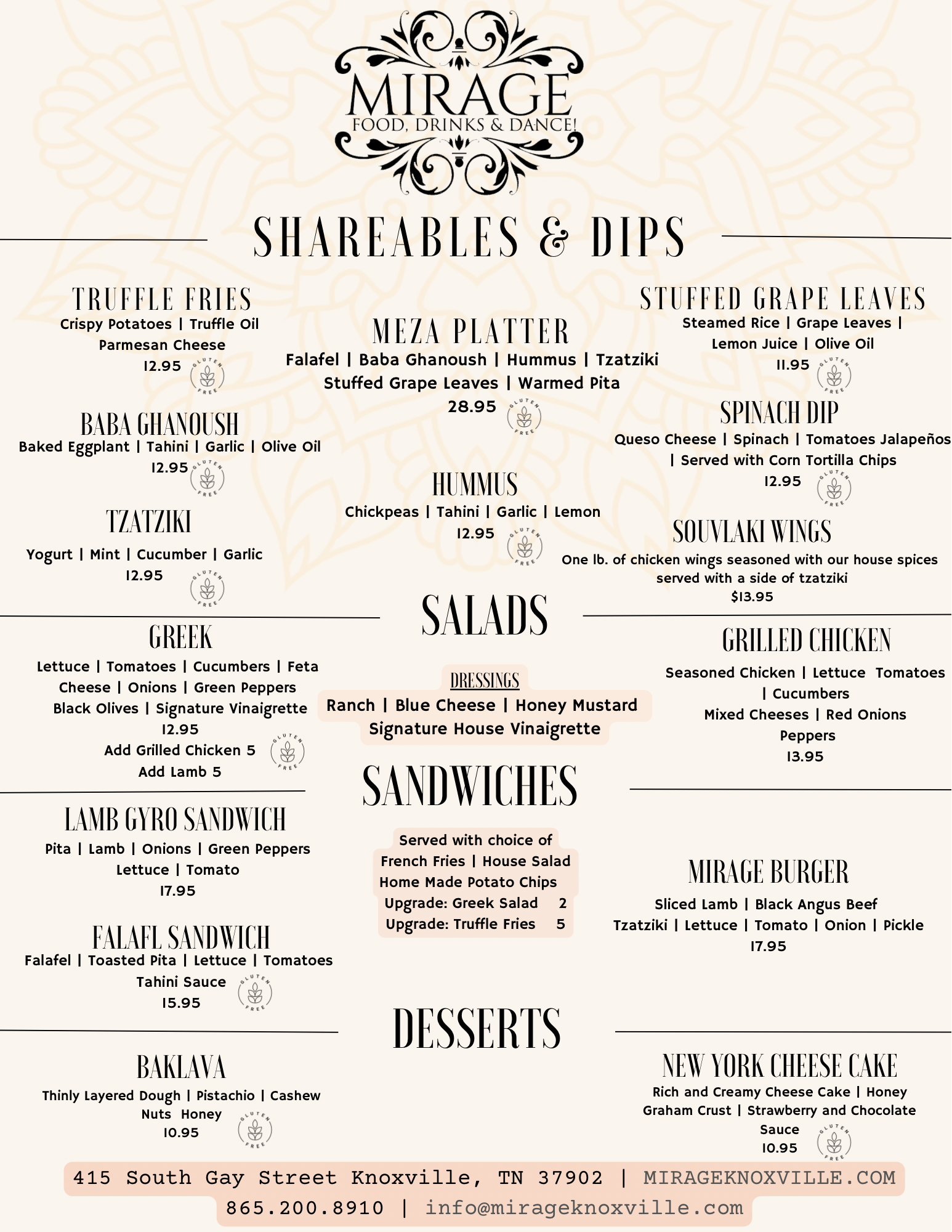 MENU – MIRAGE KNOXVILLE