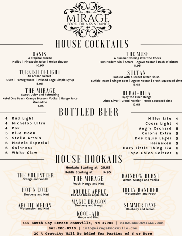 MENU – MIRAGE KNOXVILLE