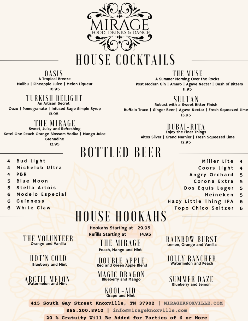 MENU – MIRAGE KNOXVILLE